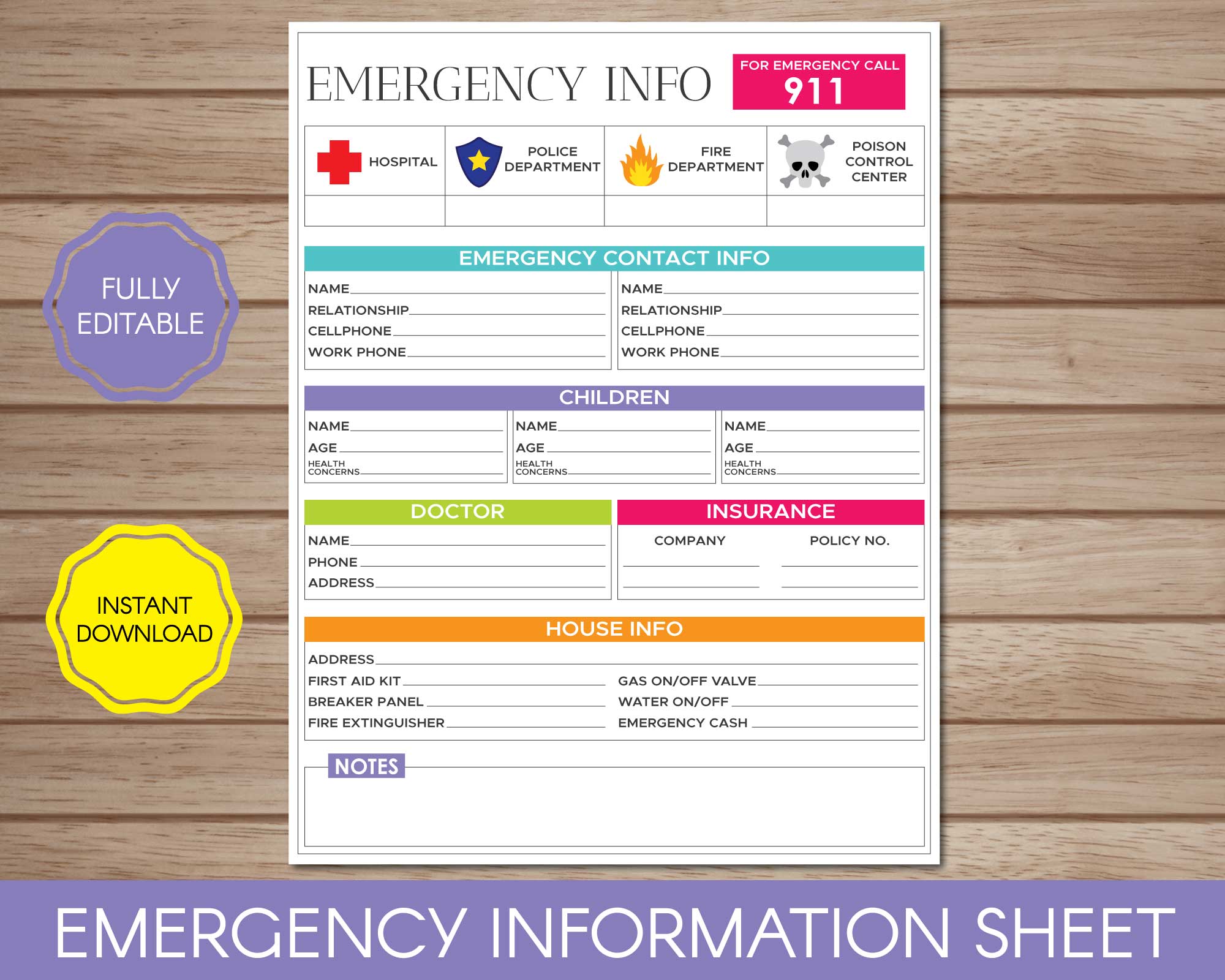 Emergency Information Sheet | Editable & Fillable Emergency Info Sheet ...